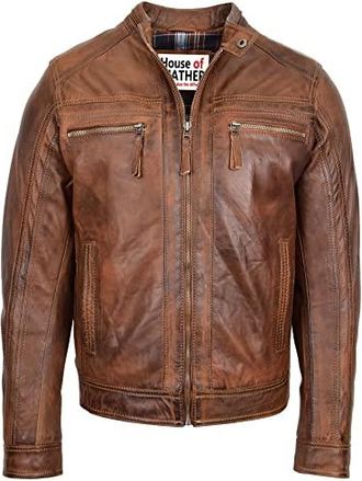 House Of Leather Veste de motard décontractée en cuir véritable pour homme Style Charlie Café Racer, marron antique, 3XL