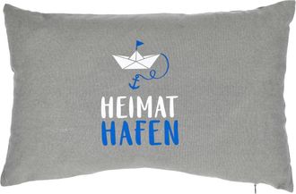 Meinposten Maritimes Dekokissen mit Anker & Boot Design, 47x28 cm, Baumwolle, Dunkelgrau, Heimat Hafen Aufschrift Zierkissen mit F&uuml;llung (Dunkelgrau Boot)
