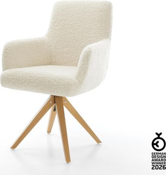 DELIFE Drehstuhl Heira-Flex mit Armlehnen Teddystoff Beige Holzgestell kantig Natur 180&deg; drehbar Taschenfederkern, Esszimmerst&uuml;hle