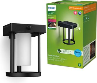 Philips Outdoor Ultra-Efficient Solar Camill Wandleuchte 1,4W, Dual-Bright Sensor, rund, matt, 3000 Kelvin, IP44 wetetrfest, schwarz, Matter Diffusor