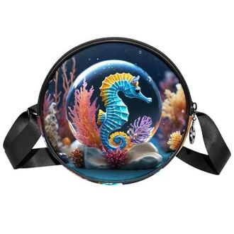 Generic Petit sac &agrave; bandouli&egrave;re rond pour femme, hippocampe avec boule de cristal, sac &agrave; dos &agrave; bandouli&egrave;re r&eacute;glable avec fermeture &eacute;clair, sac &agrave; main rond d&eacute;c
