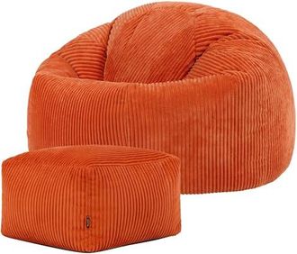 Icon Brand Kingston Sitzsack mit Hocker Cord, Orange, Sitzsack Erwachsene mit F&uuml;llung, Bean Bag, Cord Sessel, Lounge Sessel, Lounge Stuhl, Schlafzimmer, Wohnzimm