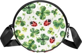 Generic Sac &agrave; bandouli&egrave;re rond pour femme, motif feuilles de coccinelle, petit sac &agrave; bandouli&egrave;re avec fermeture &eacute;clair, bretelles r&eacute;glables, sac &agrave; main rond d