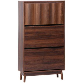 Sweeek Sweeek - Meuble &agrave; chaussures scandinave d&eacute;cor bois noyer 3 portes abattantes capacit&eacute; 18 paires de chaussures