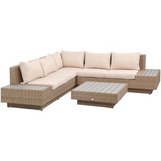 OUTSUNNY Ensemble salon de jardin dangle 5 places style boh&egrave;me chic r&eacute;sine aspect rotin effet bois beige