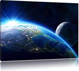 Pixxprint Erde und Ihr Mond aus dem All, Größe: 100x70cm, Leinwandbild, fertig gespannt, Wandbild, Dekoration, Kunstdruck, kein Poster