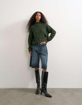 Topshop grob gestrickter Pullover aus Wollmix mit Rollkante in Oliv-Gr&uuml;n