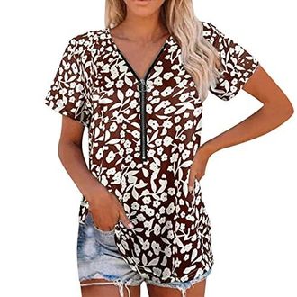 Janly T-shirt Imprim&eacute; Femme Haut d&eacute;t&eacute; en Mousseline de Soie avec Fermeture &Eacute;clair Demi-Boutonni&egrave;re Style D&eacute;contract&eacute; T-shirts Amusants pour Femmes T-shirt P