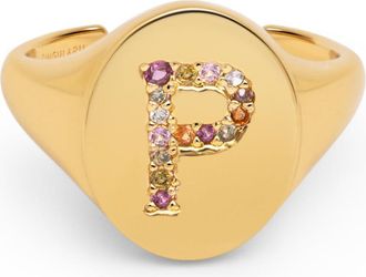 Singularu Personalisierter Ring Signet Letter Colors. Messing mit 18 Kt Vergoldeter Beschichtung und Zirkonia. Schmuck für Damen. Buchstabe P