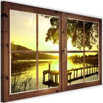 Feeby Leinwandbild XXL Fensterrahmen Wandbild Kunst Sonnenuntergang See Gelb 120x80 cm