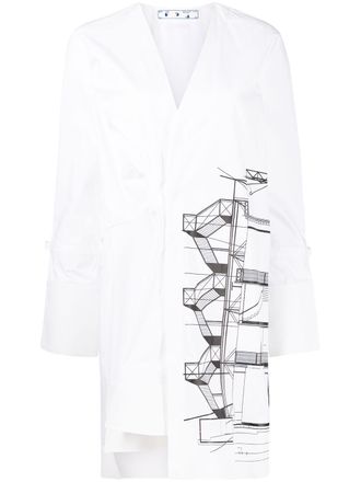 Off-white robe courte imprim&eacute;e &agrave; manches nou&eacute;es - Blanc