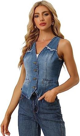 Allegra K Gilet en Jean pour Femme Veste Sans Manches en Denim Délavé Col en V et Boutonnage Gris Bleu XS