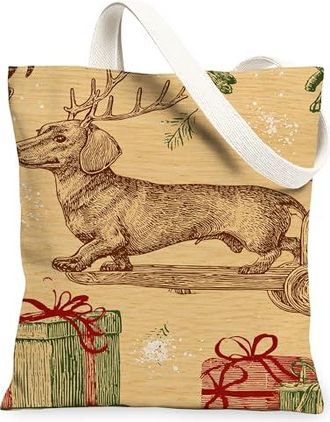Generic Sacs fourre-tout en toile pour chien de No&euml;l - Motif animal festif - R&eacute;utilisables - Vintage - L&eacute;ger - Lavable - Bandouli&egrave;re - Pour voyage, pique-niqu