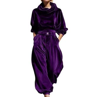 Generic Surv&ecirc;tement 2 pi&egrave;ces en velours pour femme, pull &agrave; capuche &agrave; manches longues, pantalon &agrave; jambes larges, surv&ecirc;tement en velours avec poches, violet, XX