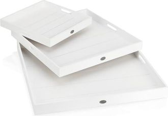 Com-Four Ensemble de Plateaux en Bois 3 pi&egrave;ces - Planches d&eacute;coratives Vintage en 3 Tailles - Plateaux de Service Blancs avec Plaque m&eacute;tallique - Bols d&eacute;coratif