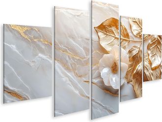 Islandburner Bild auf Leinwand Weißer Marmor mit goldenen Blättern und Blume für Wohnzimmer Kunstliebhaber Bilder Wandbilder Poster