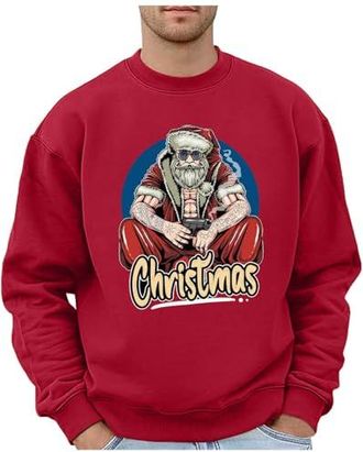 Generic Sweat-shirt de Noël amusant pour homme - T-shirt graphique fantaisie à manches longues et col rond - Motif Père Noël 2025, Sweat-shirt de Noël rouge p
