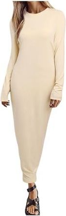 Generic Robes amincissantes pour femmes, robe maxi en tricot c&ocirc;tel&eacute;, manches longues, col rond, taille R, jupe en tricot d&eacute;noyaut&eacute;, pour, kaki, XL
