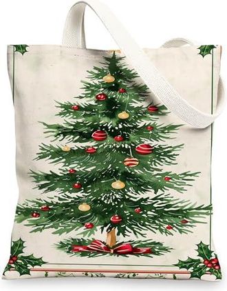 Generic Sacs fourre-tout en toile de Noël, sacs de courses réutilisables, motif arbre de vacances, rustique, vintage, léger, lavable, vert, 13x15 Inch