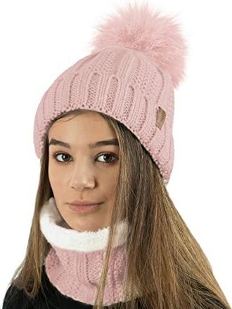 TOSKATOK Dames Femmes Hiver Rib Seed Stitch Beanie Bobble Chapeau avec Doublure en Polaire Confortable Chaud et Fausse Fourrure Pom Pom-Taille Unique-Nude Ense