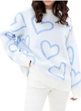 Generic Pull d&eacute;contract&eacute; doux et confortable pour femme avec col rond imprim&eacute; haut festif, bleu, L