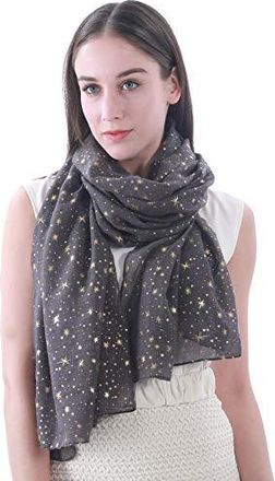 Lina & Lily Écharpe Châle Foulard Femme Imprimé Étoiles (Gris + Or)