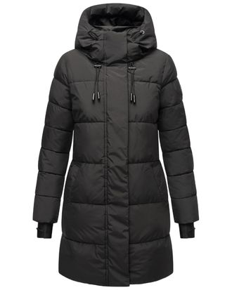 Marikoo Damen Wintermantel Warmer Steppmantel lang mit Verstellbarer Kapuze und reflektierenden Details Kaituu XVI Black Gr. 6XL