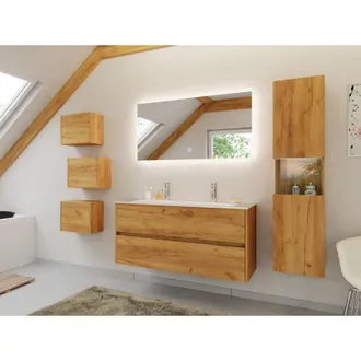 Magnolia Home Doppel-Badm&ouml;bel Set Taifun 4tlg. 120cm LED Spiegel 3er Boxen und Hochschrank eiche
