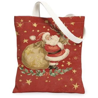 Generic Sacs fourre-tout r&eacute;utilisables en toile avec motif P&egrave;re No&euml;l - L&eacute;gers et lavables - Avec bandouli&egrave;re, Rouge, 13x15 Inch