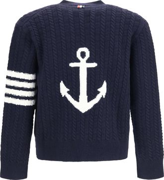 Thom Browne Cable-Knit with 4-Bar Stripe Cardigan - Navy