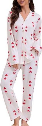 Feoya Pyjama Femme Ensembles Vêtements de Nuit 2 Pièces Manche Longue Haut Pantalon Confortable S Rouge