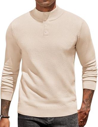 Coofandy Pull col Haut Homme Manches Longues Textur&eacute; C&ocirc;tel&eacute; Maille Fine Basique Pull Beige L