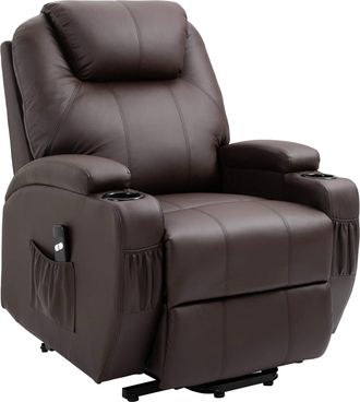 HOMCOM Fernsehsessel mit Aufstehhilfe Elektrisch Relaxsessel mit Liegefunktion, TV-Sessel mit Becherhalter, Seitentasche und Fernbedienung, Kunstleder, Kaffe