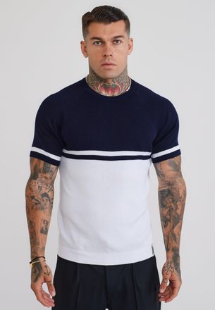 Siksilk Herren Marineblau und Wei&szlig; Gestricktes T-Shirt XXL