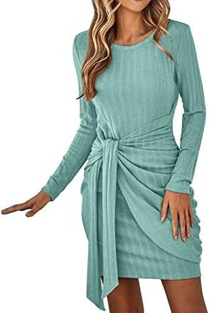 Generic Robe amincissante &agrave; manches longues et col rond pour femme - Couleur unie - Coupe ajust&eacute;e, Vert, M