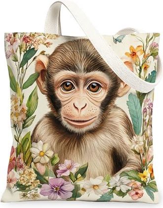 Generic Sac fourre-tout en toile de singe printanier pour le shopping, 33 x 38,1 cm, sac d&eacute;picerie r&eacute;utilisable pour femme, motif animal de voyage, d&eacute;coration