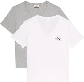 Calvin Klein Damen 2er Pack T-Shirts Kurzarm Logo Tee mit V-Ausschnitt, Mehrfarbig (Heroic Grey Heather/Brilliant WHI), L