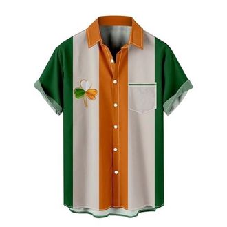 Generic DENGJIAMY Chemise Happy St Patrick Day pour homme Bloc de couleur Tr&egrave;fle Chemise boutonn&eacute;e Chapeau vert Tr&egrave;fle Manches courtes Grande taille Hauts de 