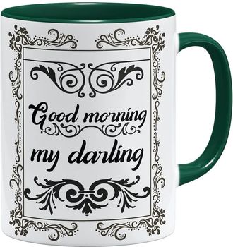 OM3 Good Morning Darling - P&auml;rchen Tasse - Love Liebe Beziehung - Keramik Becher - 11oz 325ml - Beidseitig Bedruckt - Gr&uuml;n