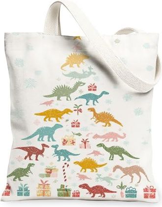 Generic Sacs fourre-tout r&eacute;utilisables en toile avec motif dinosaure de No&euml;l, sacs d&eacute;picerie l&eacute;gers, lavables et l&eacute;gers pour les voyages, blanc, 13x15 Inch