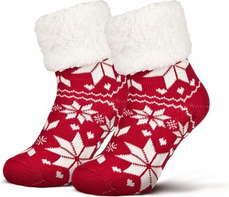 Piarini 1 Paar Kuschelsocken ABS Sohle warme Damen Socken Hüttensocken Wintersocken Anti Rutsch Noppen Eiskristall- Rot (One-Size)