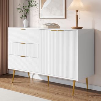 Generic Sideboard Weiss Mit Strukturfront, Drei Schubladen Und T&uuml;ren Mit Innenregalen, Goldene Beine Und Griffe, Funktionale Kommode Als Seitenschrank Und Anr