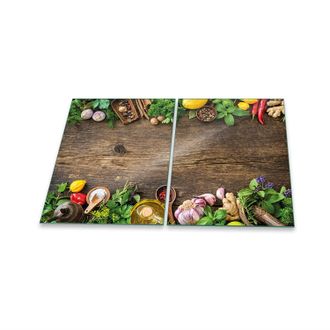 Decorwelt | Herdabdeckplatten 2x40x52 cm 2-Teilig Gem&uuml;se Bunt Ceranfeldabdeckung Universal Spritzschutz Glas Deko Elektroherd Induktion f&uuml;r Kochplatten Herdschu