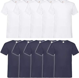 Fruit Of The Loom Lot de 10 t-shirts col V pour homme, Multicolore (blanc/bleu marine)., XL