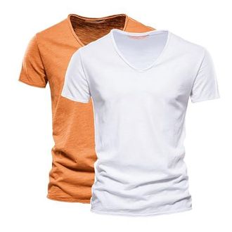Generic Lot de 2 t-shirts d&eacute;t&eacute; &agrave; col en V pour homme - En coton - L&eacute;g&egrave;rement ajust&eacute; - Manches courtes - Couleur unie - D&eacute;contract&eacute; - Doux et confortable - T-s