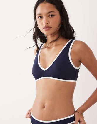 Good American Haut de bikini &agrave; d&eacute;collet&eacute; profond en V et bordure contrastante - Bleu marine et blanc