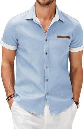 Coofandy Chemise Homme Manches Courtes Chemise dÉté Légère Décontractée en Coton Style Western Cowboy Business Casual Chemises Denim Élégante Regular Fit Bleu 