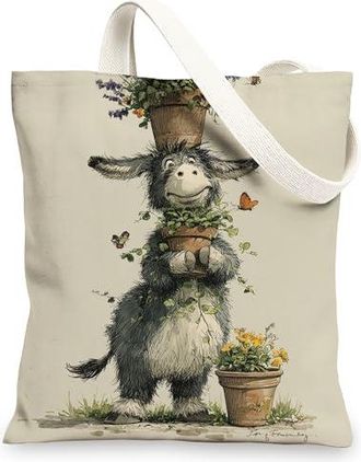 Generic Sac fourre-tout en toile avec motif animal mignon, sac à provisions réutilisable, léger et lavable avec bandoulière, beige, 13x15 Inch