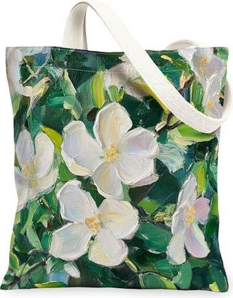Generic Sac fourre-tout en toile avec fleur de jasmin printanier pour le shopping, 33 x 38,1 cm, joli sac d&eacute;picerie r&eacute;utilisable pour femme, jardin, plantes, 