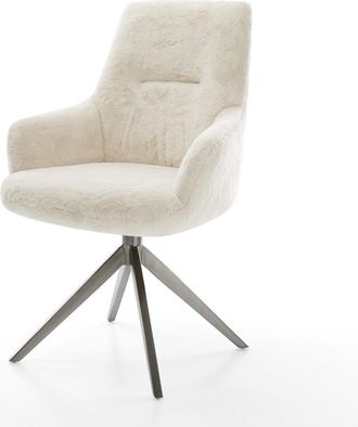 DELIFE Drehstuhl Zelia-Flex mit Armlehnen Pl&uuml;sch Creme-Wei&szlig; Kreuzgestell breit Graphit 360&deg; drehbar Wippfunktion Taschenfederkern, Esszimmerst&uuml;hle